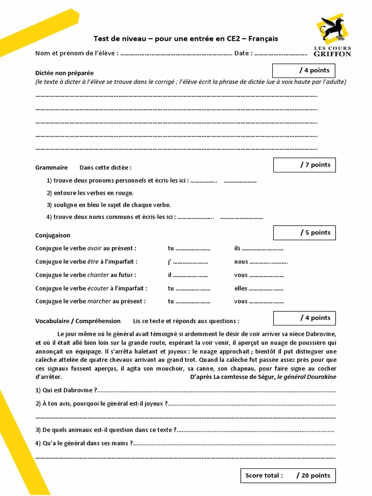Test de niveau CE2 en Français | PDF | Verbe | Typologie linguistique