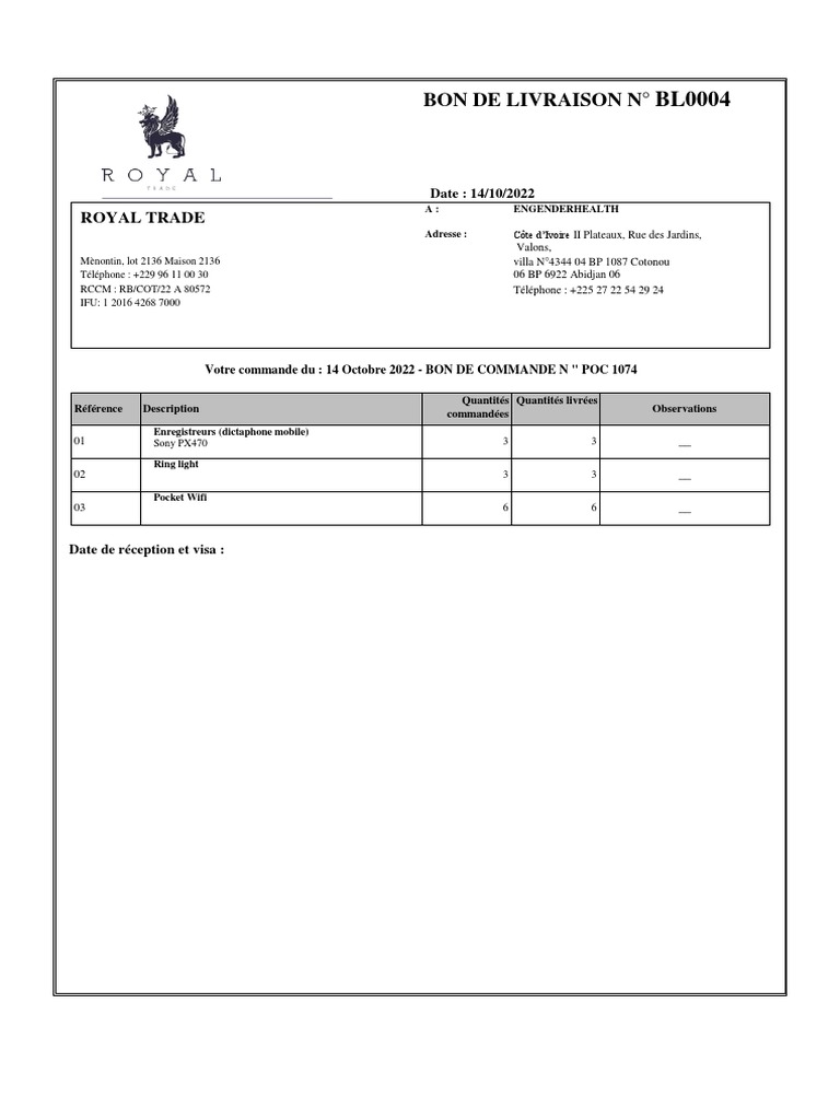Bon de Livraison N° BL0004 - 14/10/2022 | PDF