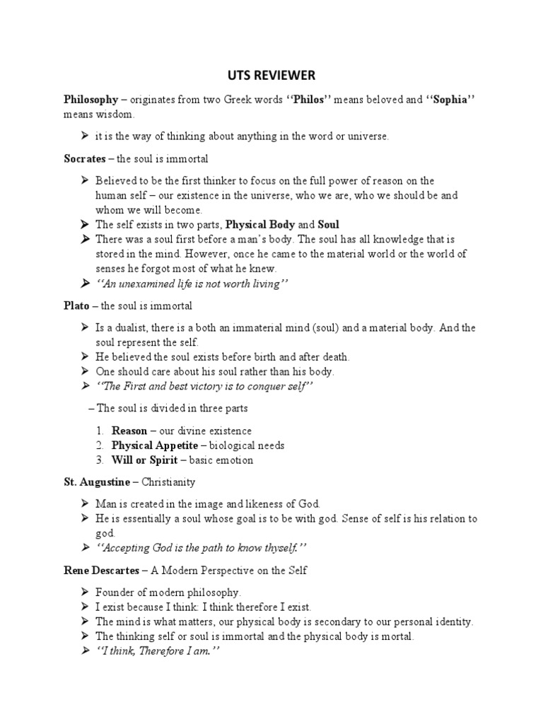 Uts Reviewer | PDF | Soul | Philosophy Of Self