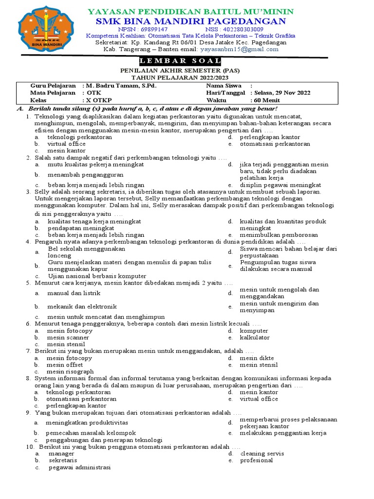 Soal OTK Kelas X OTKP | PDF