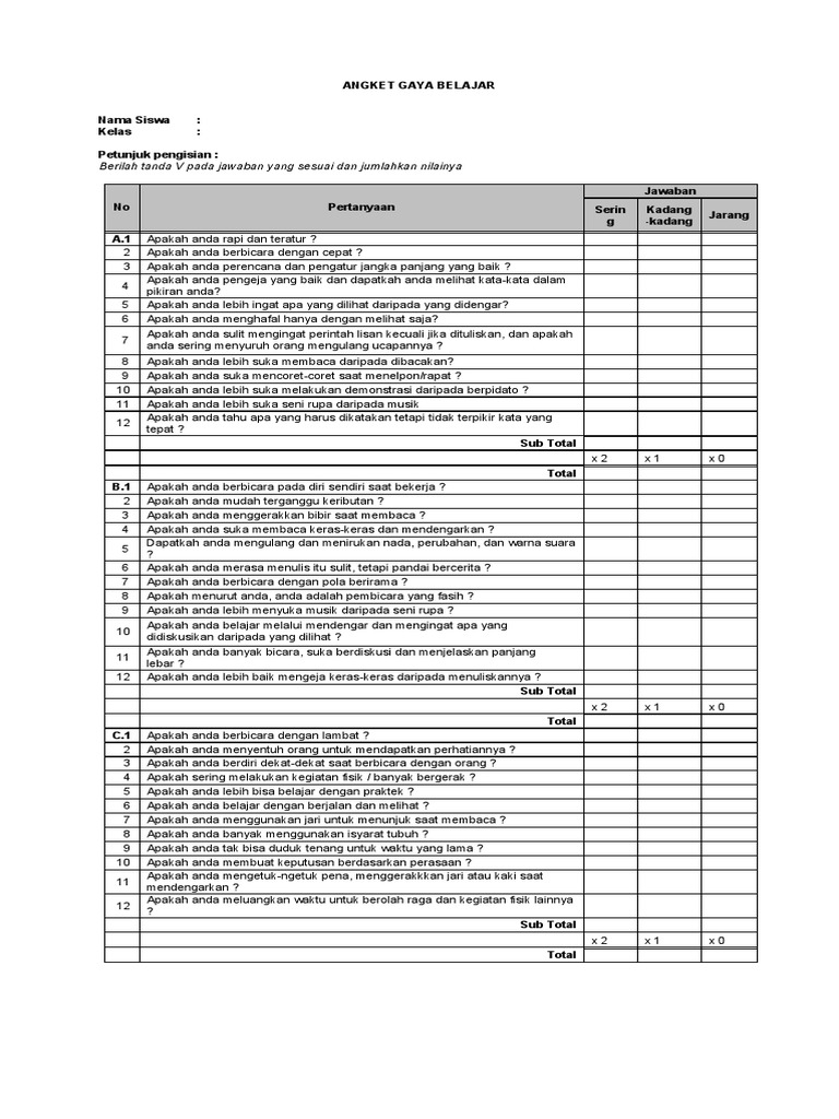 LEMBAR ANGKET GAYA BELAJAR MURID (Assesmen Diagnostik) | PDF