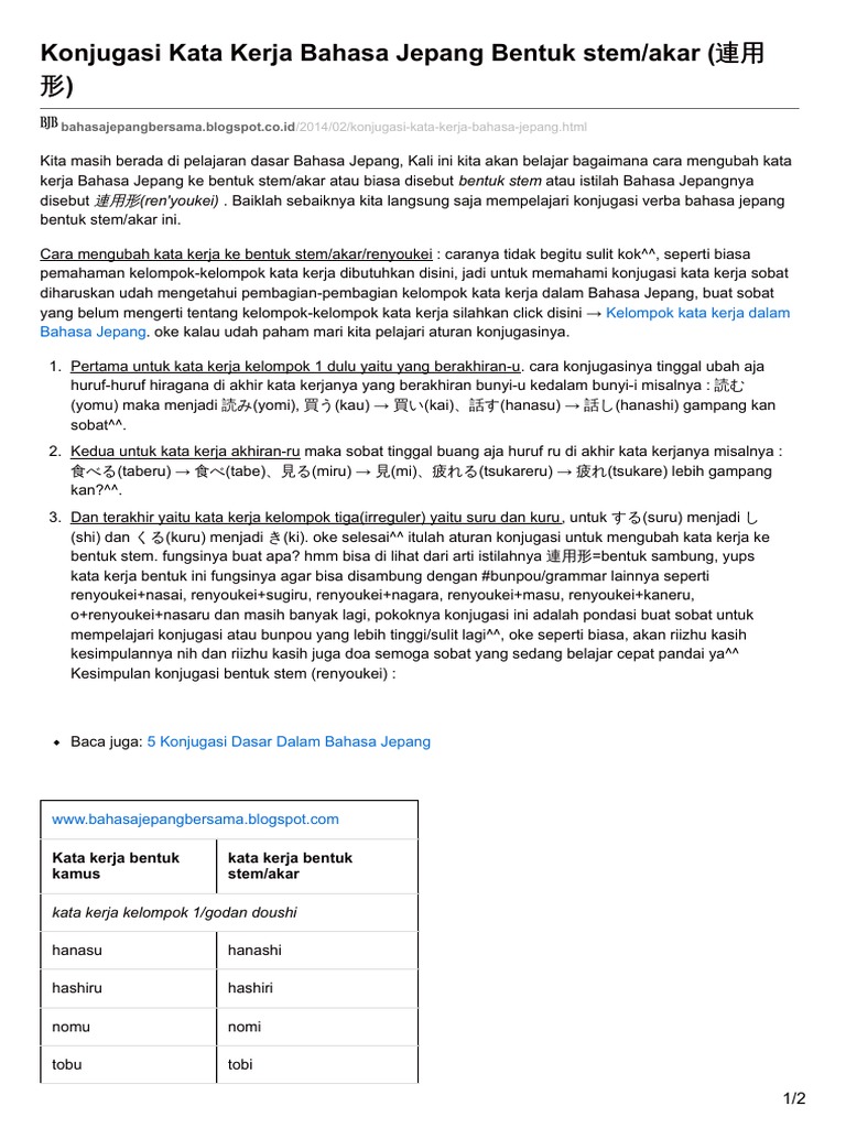 Konjugasi Kata Kerja Bahasa Jepang Bentuk stemakar 連用形 | PDF