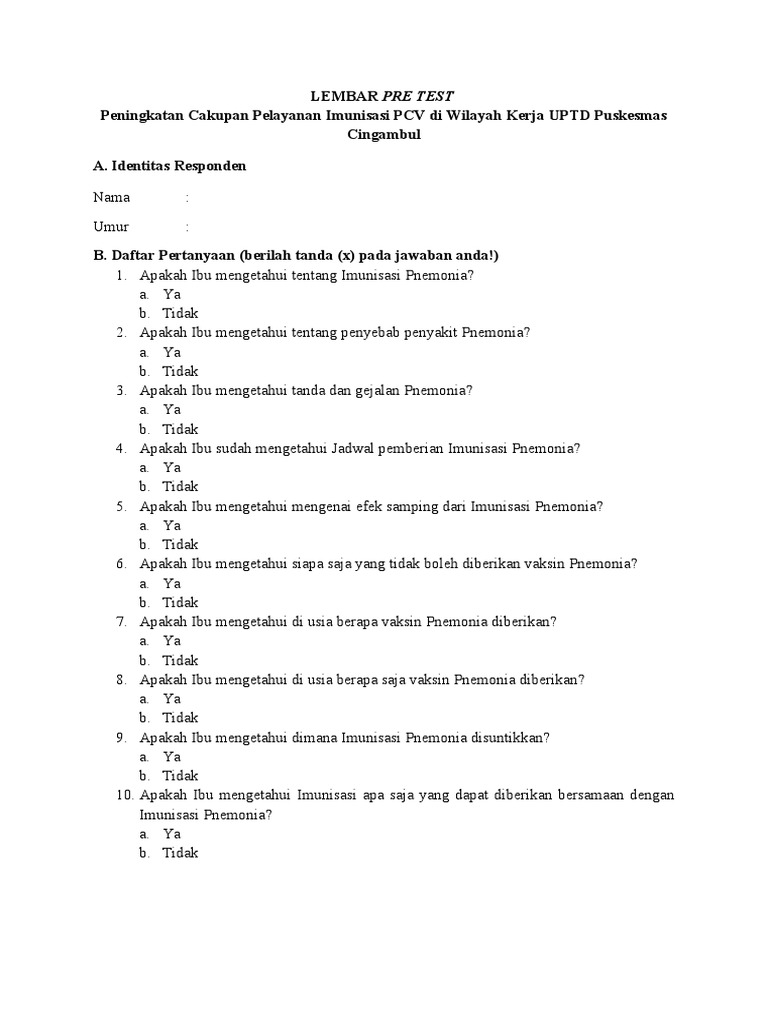 Pre-Test Imunisasi PCV Puskesmas Cingambul | PDF