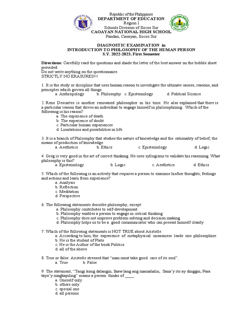 Diagnostic Exam in Philo | PDF | Reason | Epistemology