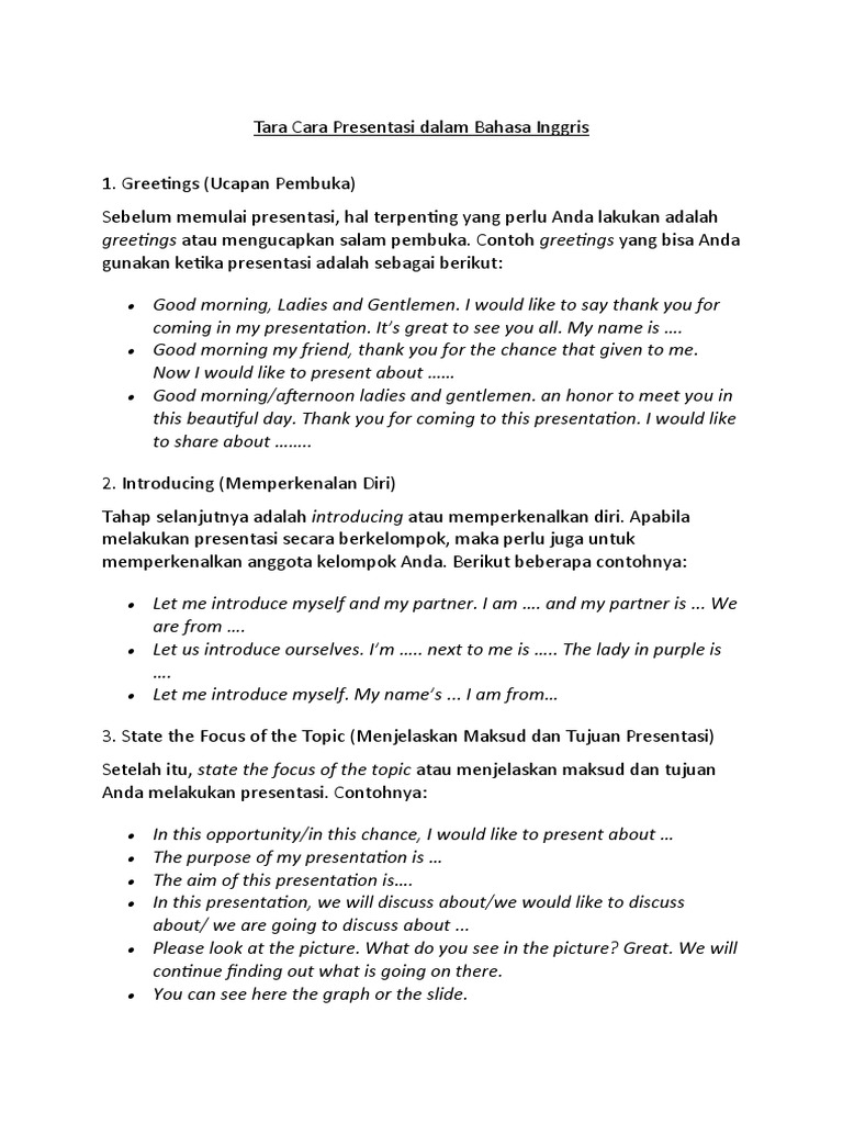 Guidelines for an Effective Presentation in English: Greeting, Introduction, Content, Question ...