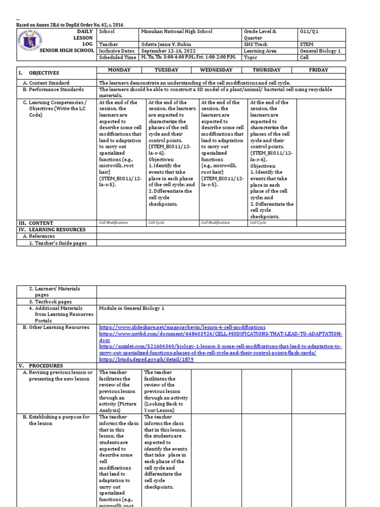 Dll General Biology 1 Quarter 1 Week 4 Pdf Teachers Learning