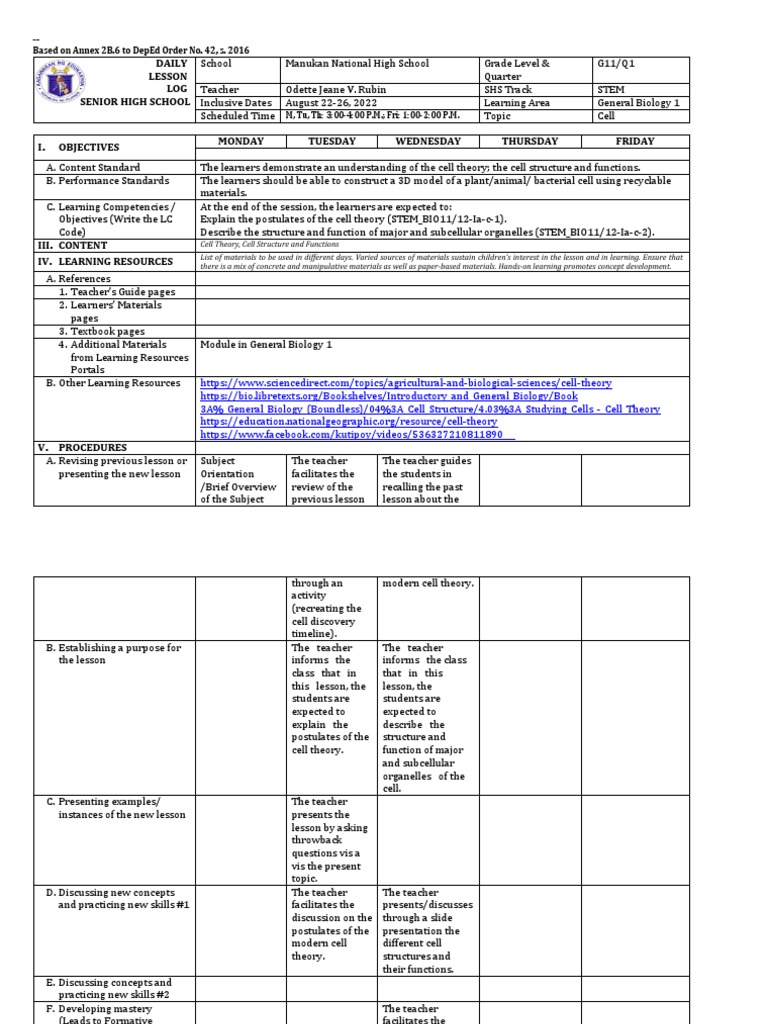 DLL General Biology 1 Quarter 1 Week 1 | PDF | Teachers | Teaching Method
