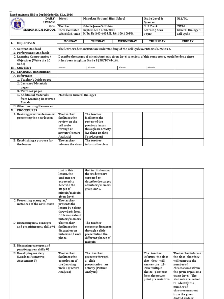 DLL General Biology 1 Quarter 1 Week 5 | PDF | Multiple Choice | Meiosis