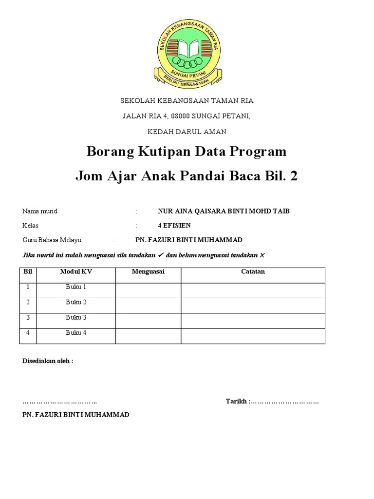 Borang Kutipan Data Fasa 1 | PDF