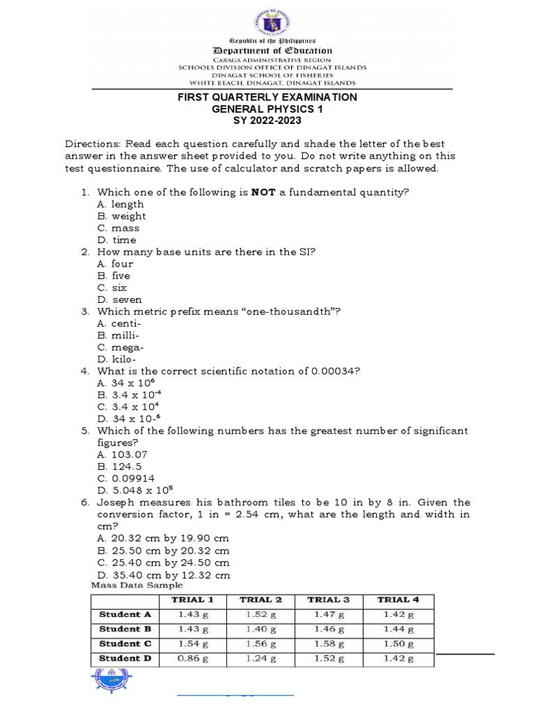 General Physics 1 First Quarter Exam | PDF | Velocity | Force
