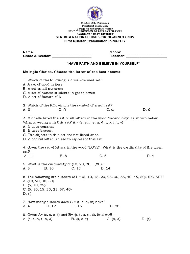 Grade 7 Math First Quarter Exam | PDF | Mathematics