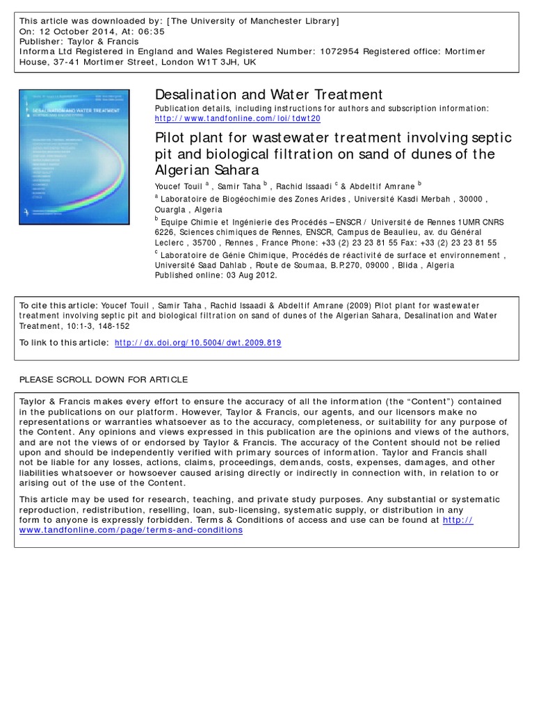 Pilot Plant For Wastewater Treatment Involving Septic Pit and ...