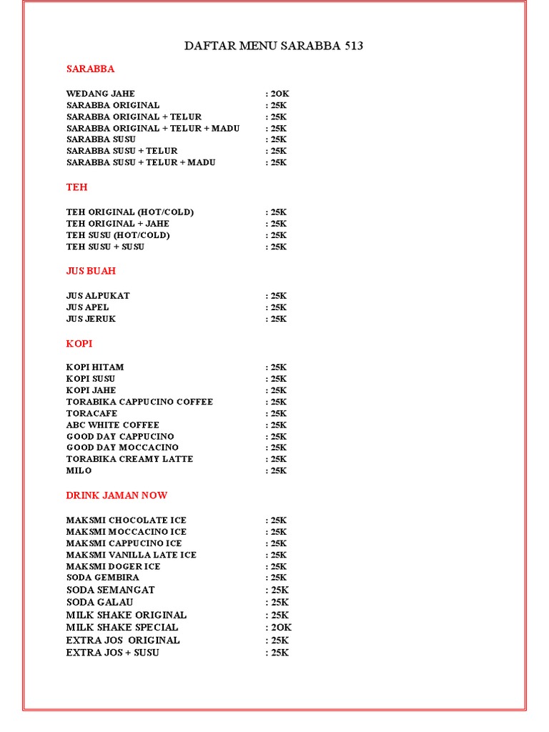 Daftar Menu Sarabba 513 | PDF | Food And Drink Preparation | Coffee