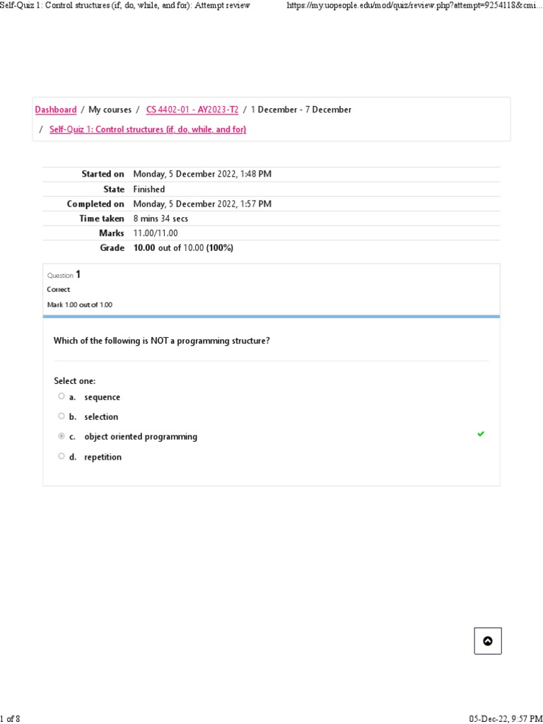 Self-Quiz 1 Control Structures (If, Do, While, and For) Attempt Review | PDF | Control Flow ...
