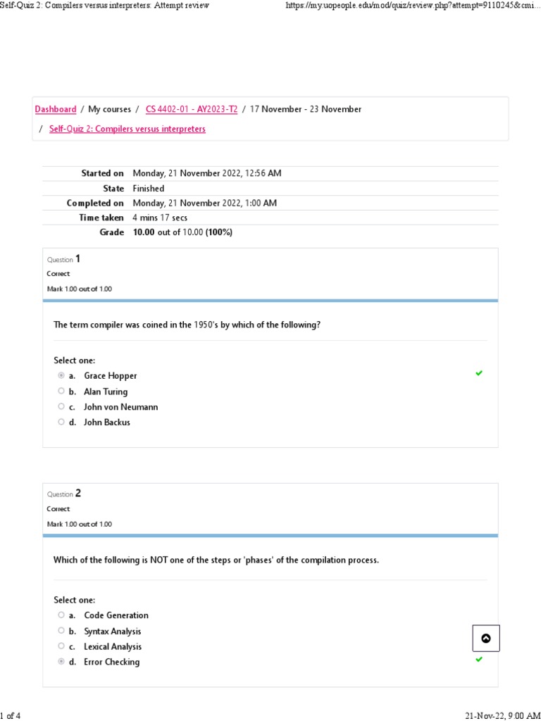 Self-Quiz 2 Compilers Versus Interpreters Attempt Review | PDF | Compiler | Computer Programming