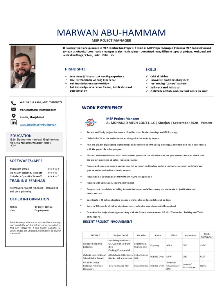 MEP Project Manager - Marwan C | PDF | Engineering | Business