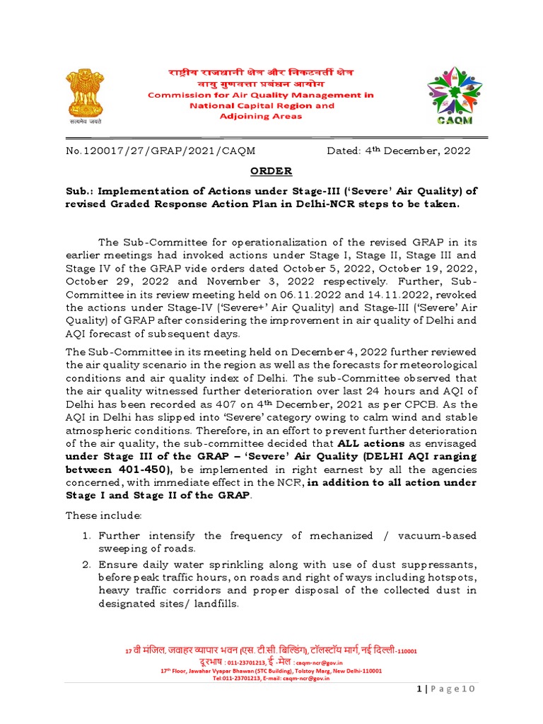 GRAP Order 04.12.2022 For AQI of Delhi NCR | PDF | Delhi