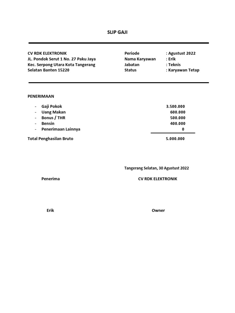 Slip Gaji Karyawan CV RDK Elektronik | PDF