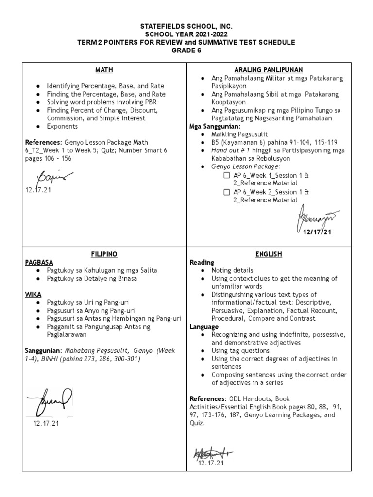 TERM 2 POINTERS and SCHEDULE GRADE 6 | PDF