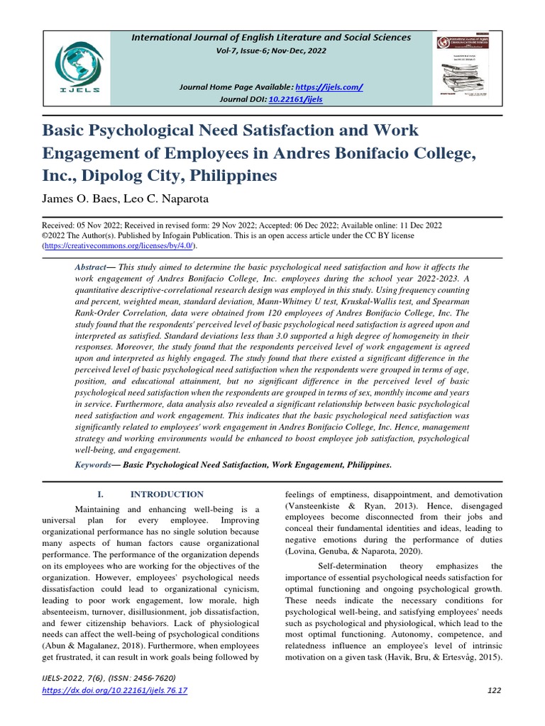 Basic Psychological Need Satisfaction and Work Engagement of Employees in Andres Bonifacio ...