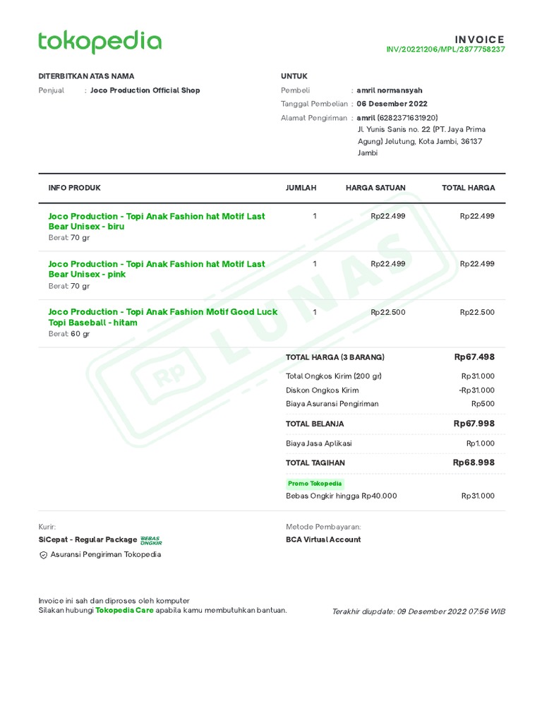 Invoice Tokopedia | PDF