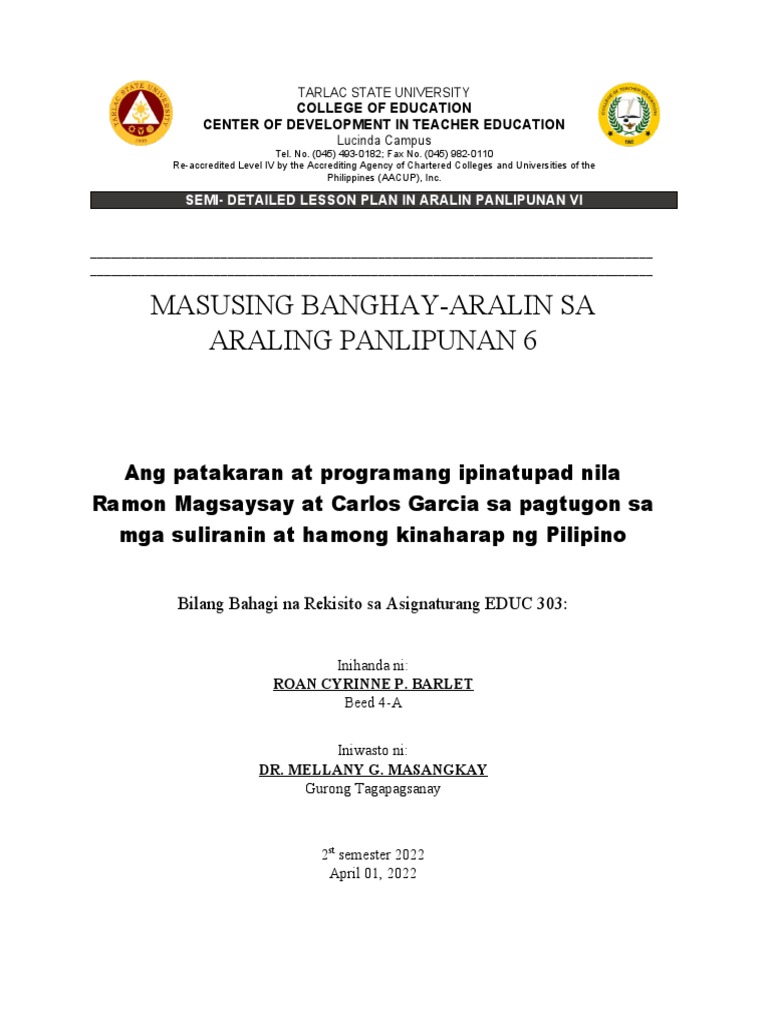 Semi-Detailed-Lesson-Plan - Aralin - Panlipunan - Barlet | PDF