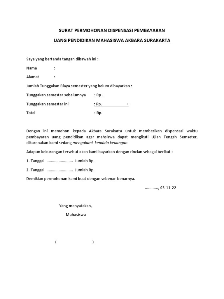 Surat Permohonan Dispensasi Pembayaran | PDF