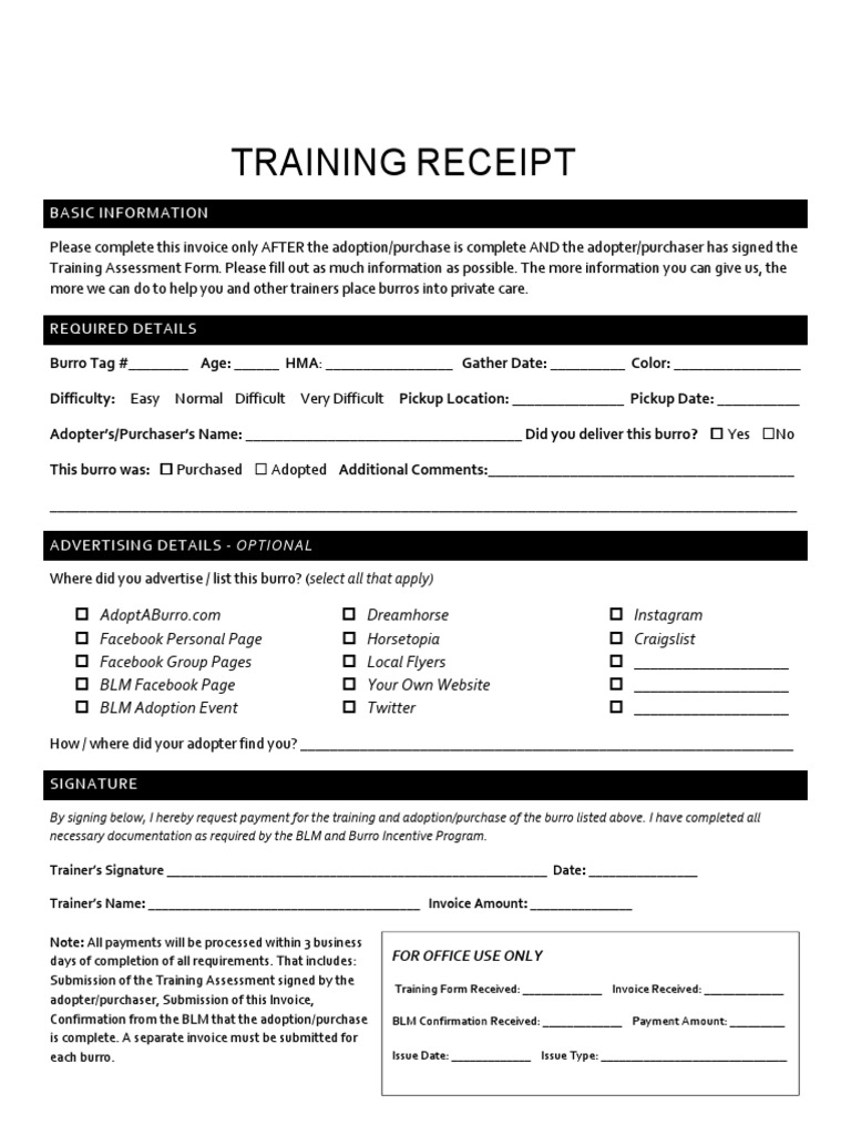 Burro Training Receipt Form | PDF | Receipt | Invoice