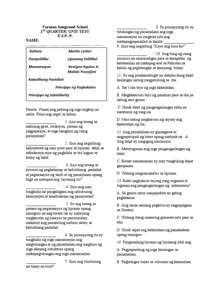 Esp-9 1ST Quarter Unit Test | PDF