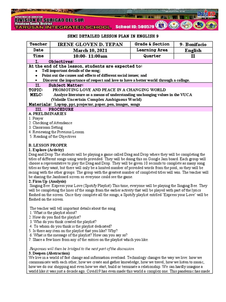 SEMI DETAILED LESSON PLAN IN ENGLISH 9 Cot 2022 | PDF | Lesson Plan