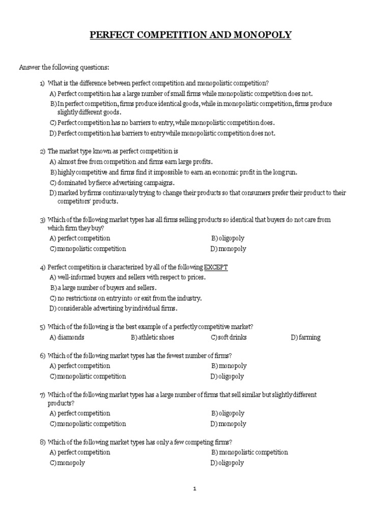 Perfect Competition And Monopoly Mcq Pdf Monopoly Perfect Competition