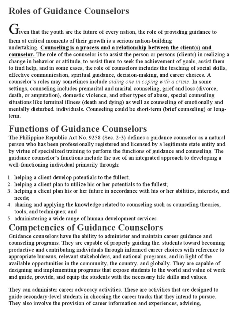 Roles of Guidance Counselors | PDF | Counseling Psychology | Psychotherapy