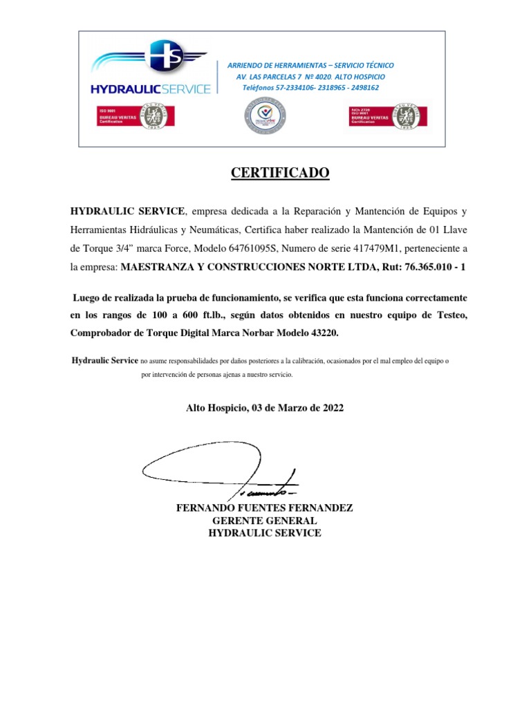 Certificado de Calibración Llave Torque 3/4” | PDF