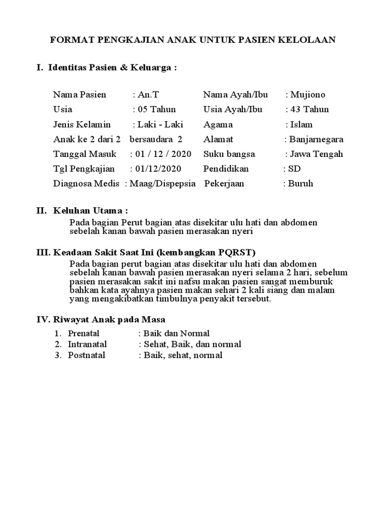 Format Pengkajian Anak Untuk Pasien Kelolaan | PDF | Kesehatan Holistik | Sains & Matematika