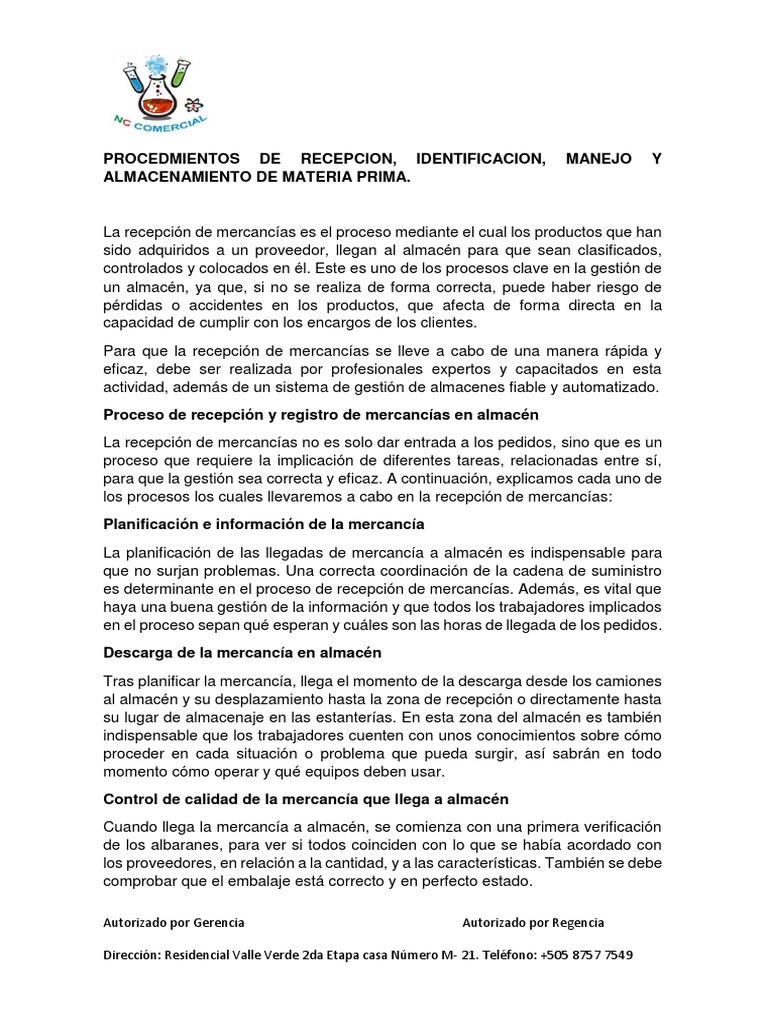 Procedimiento de Recepcion de Materias Primas | PDF | Planificación | Business