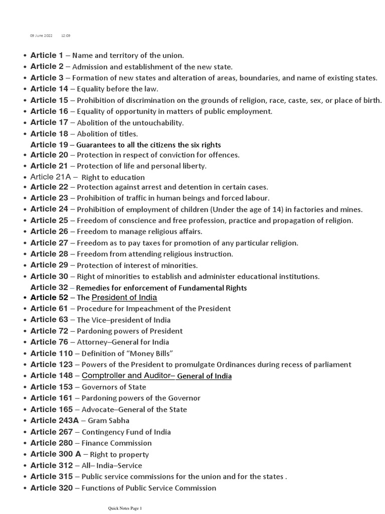 Key Articles of the Indian Constitution | PDF | Justice | Crime & Violence