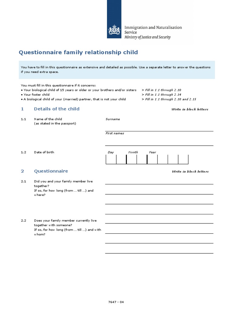 Questionnaire Family Relationship Child: 1 Details of The Child | PDF ...
