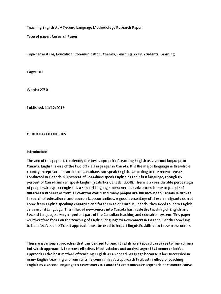 Teaching English As A Second Language Methodology Research Paper | PDF