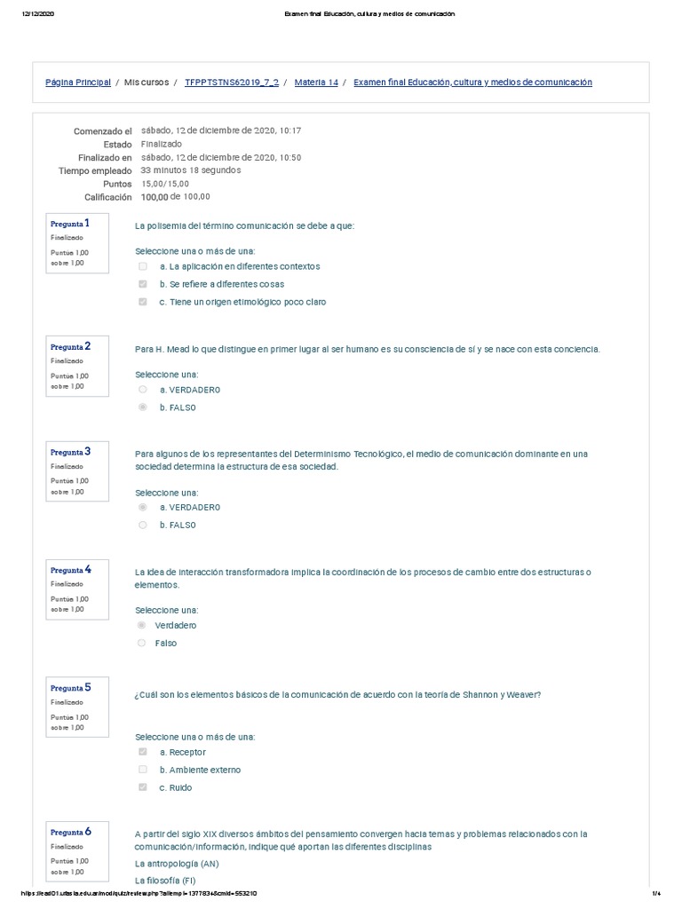 Examen Final Educación, Cultura y Medios de Comunicación Variado | PDF ...