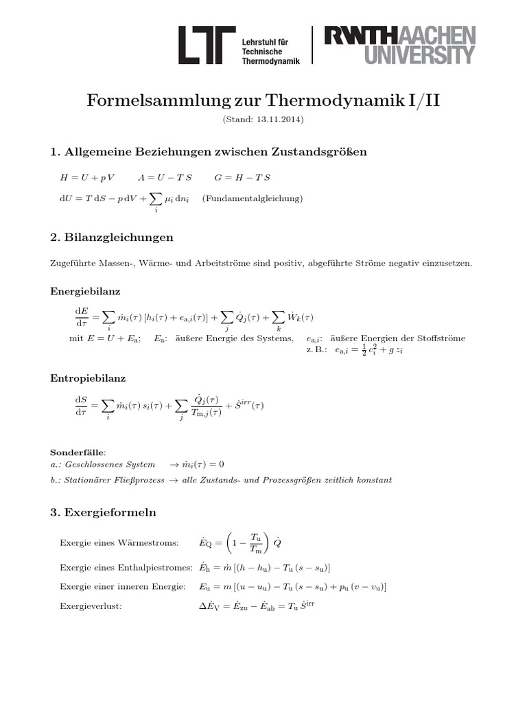 Formelsammlung Thermodynamik | PDF