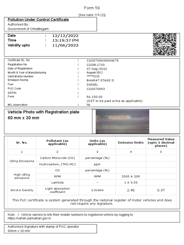 Pollution Under Control Certificate: Form 59 | Download Free PDF ...