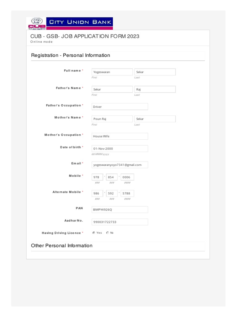 CUB-Job Application Form Executive Cadre | PDF