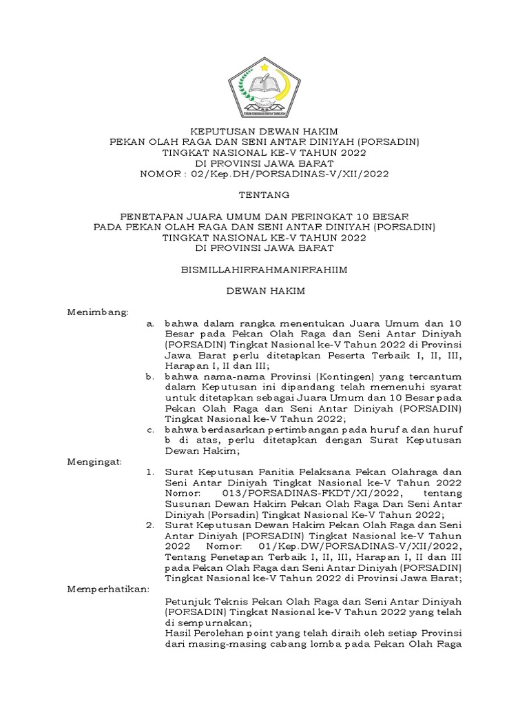 SK Juara Umum Dan 10 Besar Porsadin 2022 - Jawa Barat | PDF