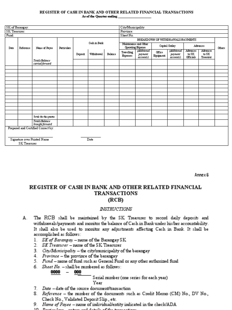 Register of Cash in Bank and Other Related Financial Transactions ...