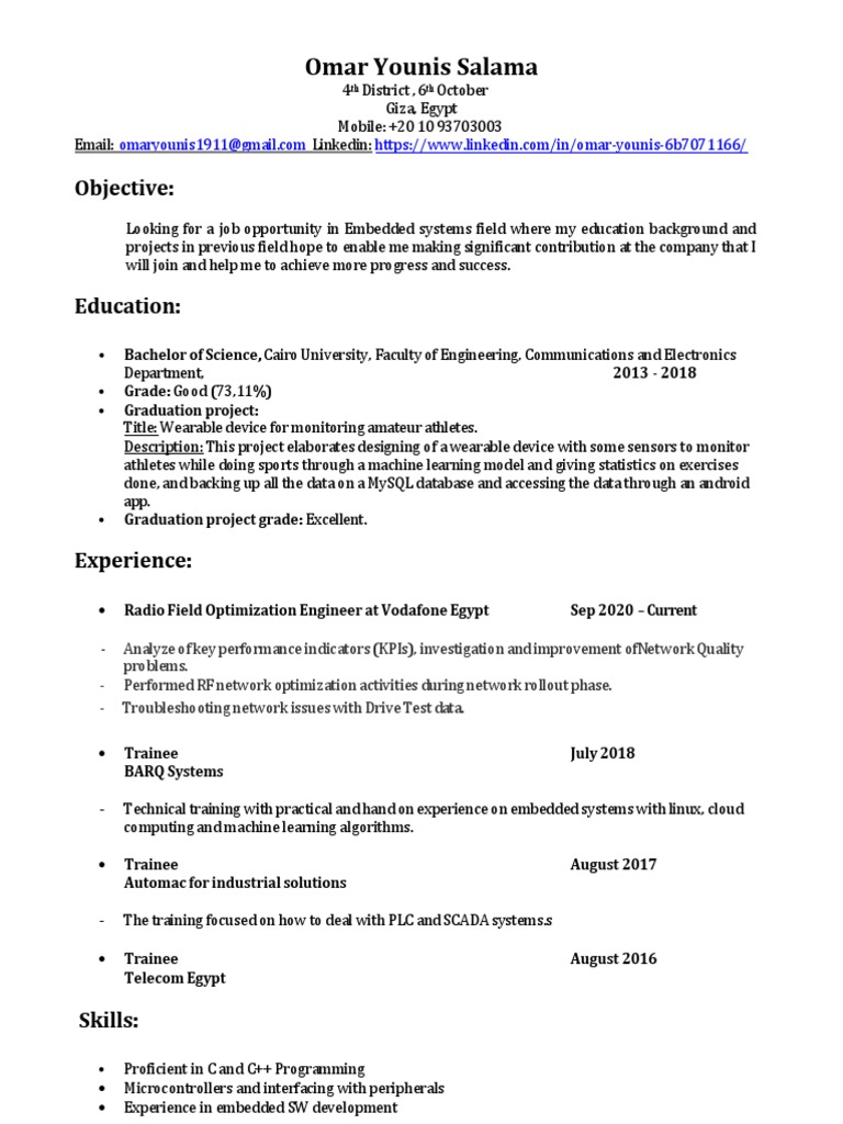 Omar Younis Salama CV | PDF | Embedded System | Data Analysis