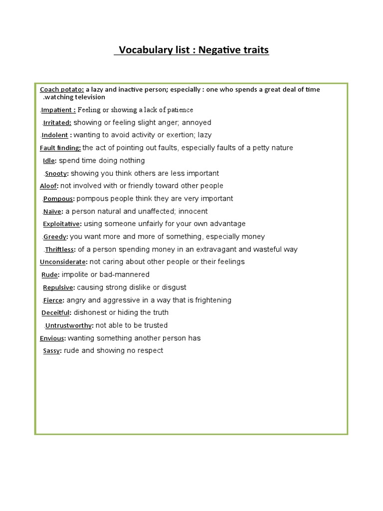 Vocabulary list: Negative personality traits | PDF