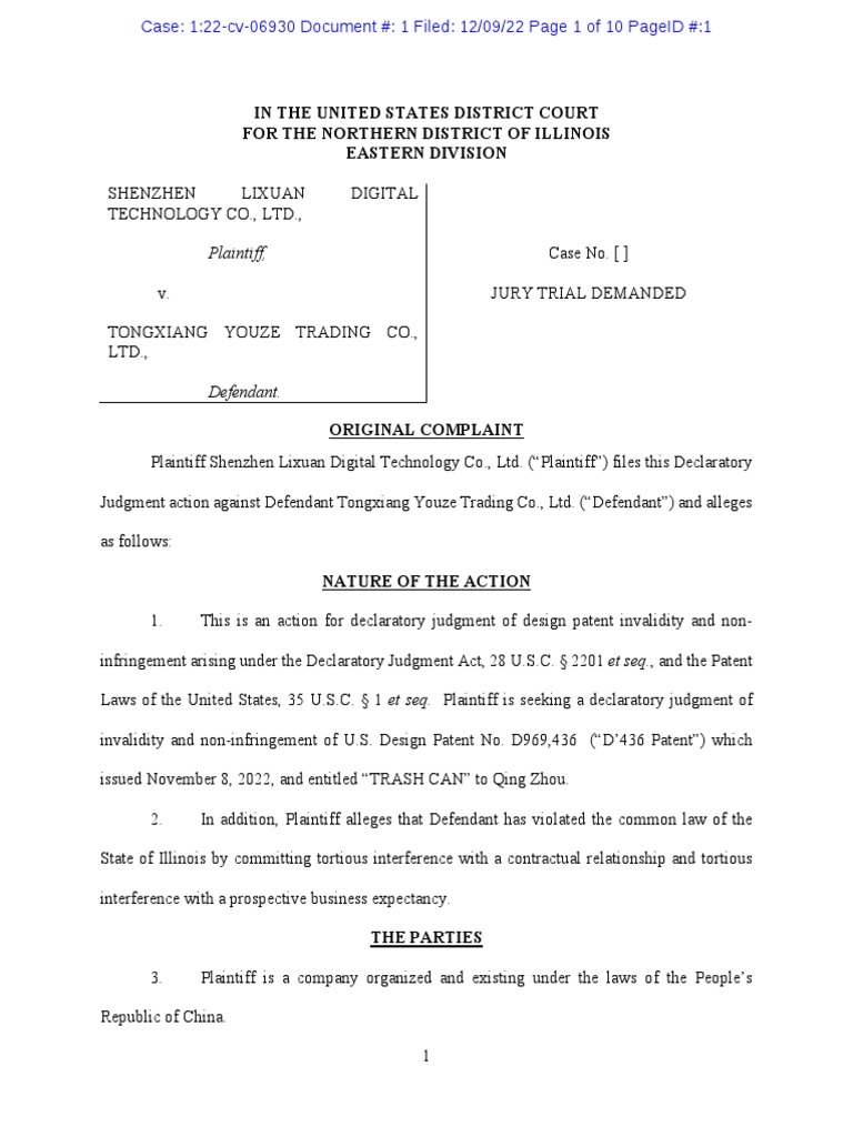 Shenzhen Lixuan Digital v. Tongxiange Youze Trading - Complaint | PDF ...
