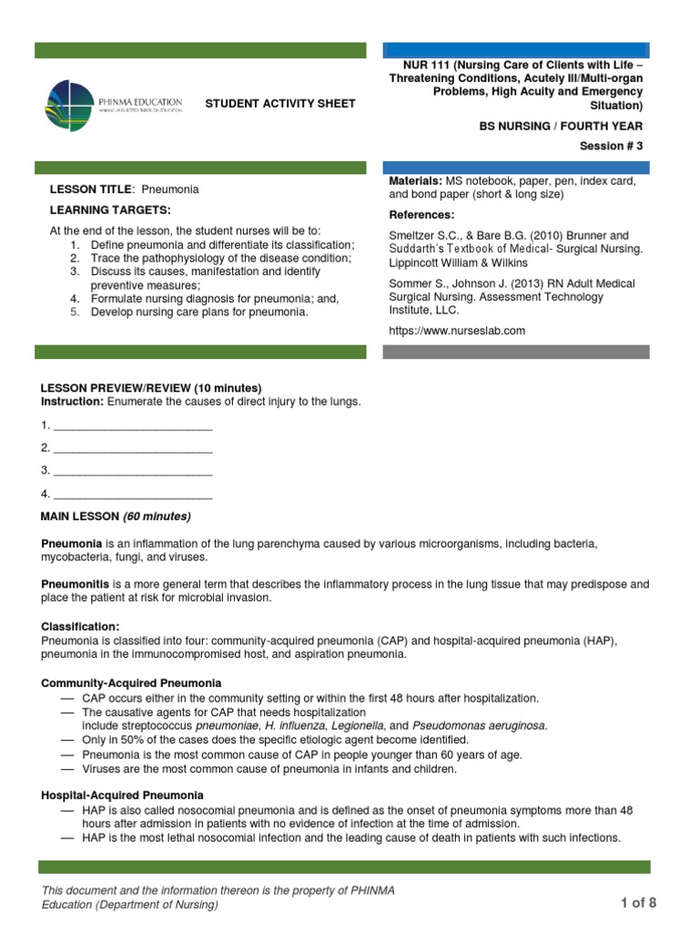 Nur 111 Session 3 Sas 1 | PDF | Pneumonia | Infection