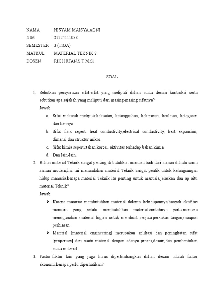 Soal Dan Jawaban Material Teknik Hisyam | PDF