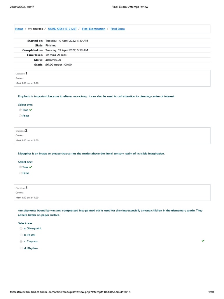 Art Appreciation (Final Exam_ Attempt 1 review) | PDF | Drawing | The Arts